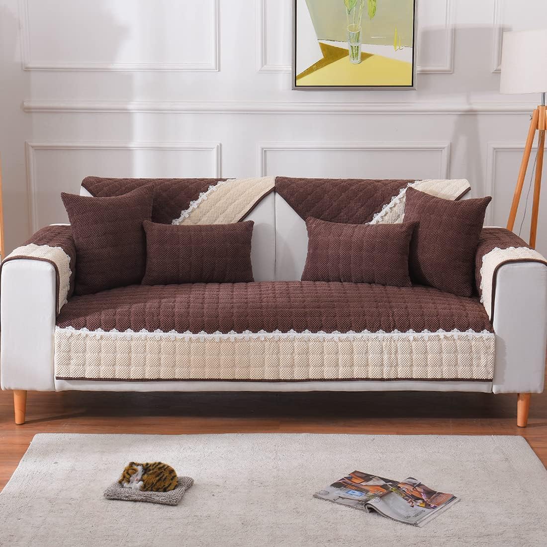 French Corduroy Lace Sofa Mat - Brown Truffle - Trendize